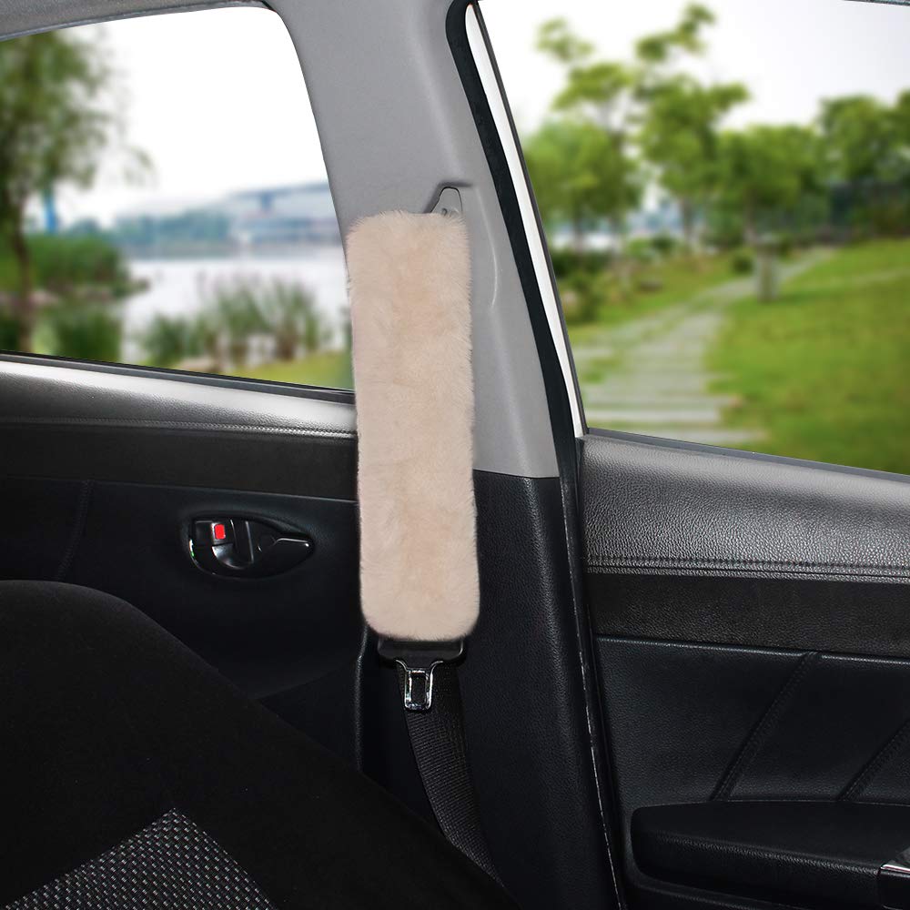 GAMPRO Seat Belt Pads Long 13 inch Faux Rex Rabbit Fur, Soft Comfortable Car Safety Seat Belt Strap Shoulder Pad for Adults and Children 2-Pack(Brown)