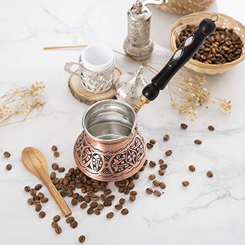 Erbulus Turkish Coffee Pot - Briki Greek, Arabic, Fortune Edition Turkish Coffee Maker with Wooden Handle (18 OZ)
