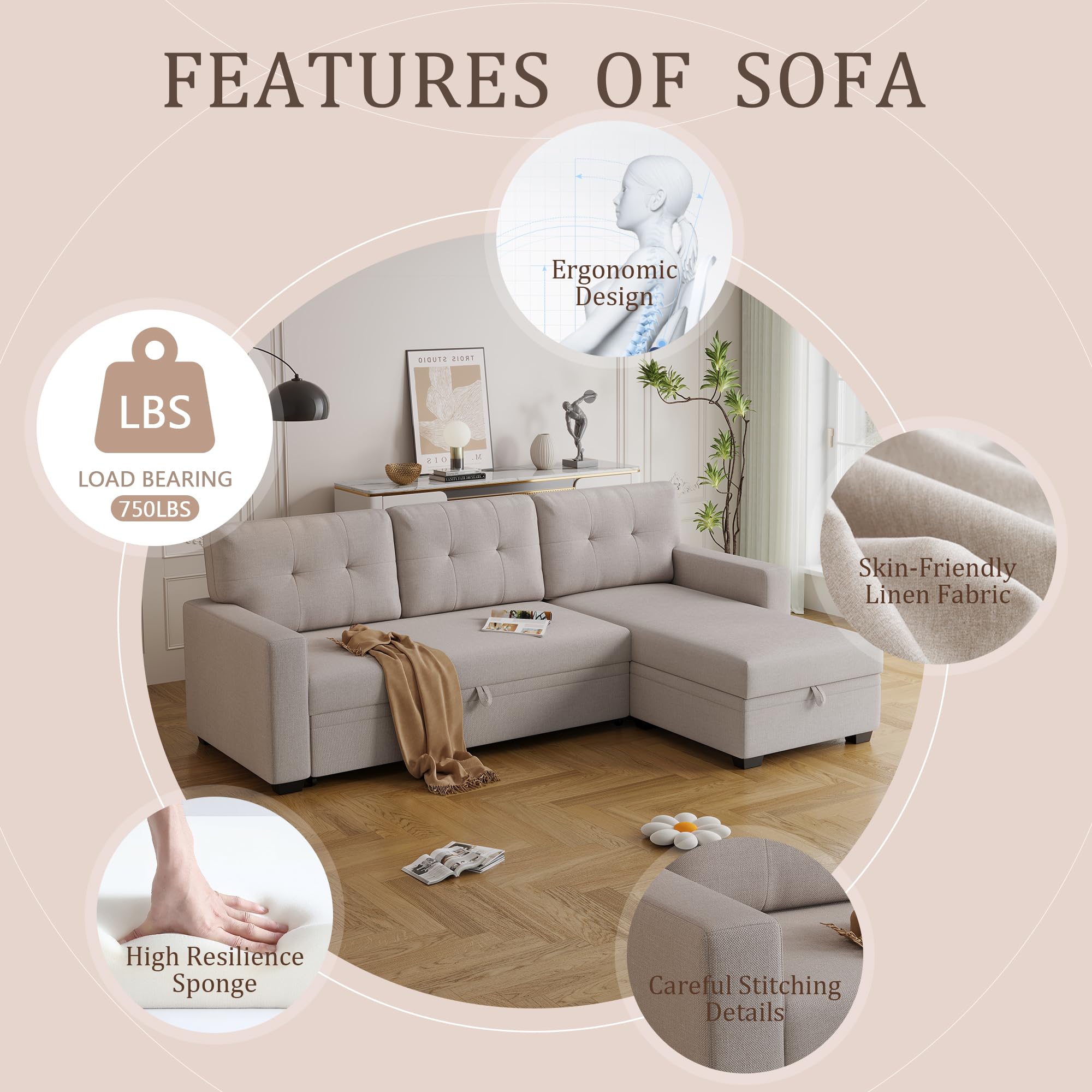 Acosure 82" Upholstered Pull Out Sofa Bed with Storage Chaise,Linen Reversible Couch W/Tufted Backrest,3 Seater Sectional Sleeper for Living Room Apartment Office,Beige