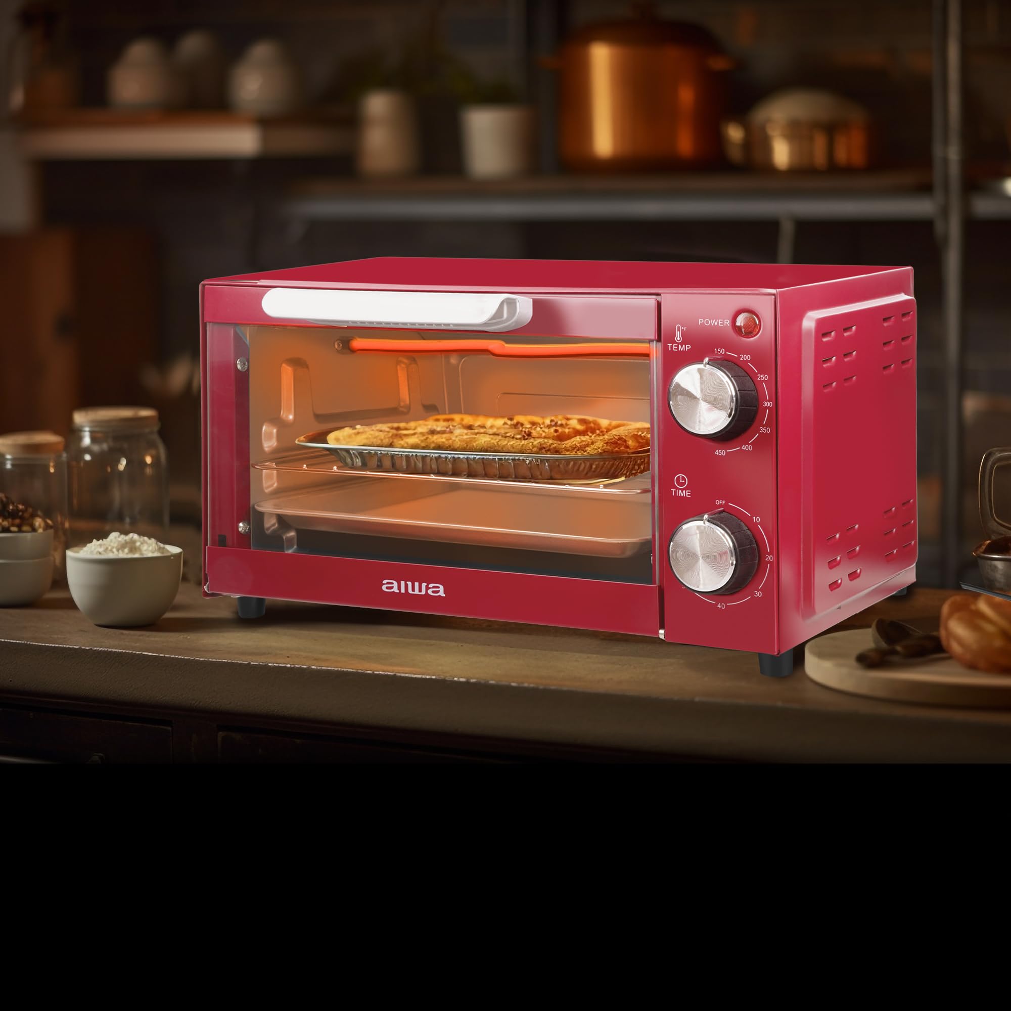 Aiwa 4-Slice Countertop Toaster Oven with Baking Tray, Bake Toast Cook and Broil, Temperature Control, 60 Minute Timer Knob, Automatic Shutoff, Baking Tray and Crumb Tray Included, Black