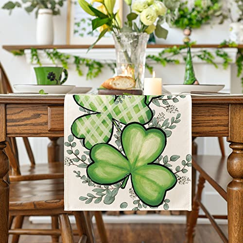 Artoid Mode Clover Shamrocks Eucalyptus Buffalo Plaid St.Patrick's Day Table Runner, Seasonal Kitchen Dining Table Runner for Home Party Decor 13x72 Inch