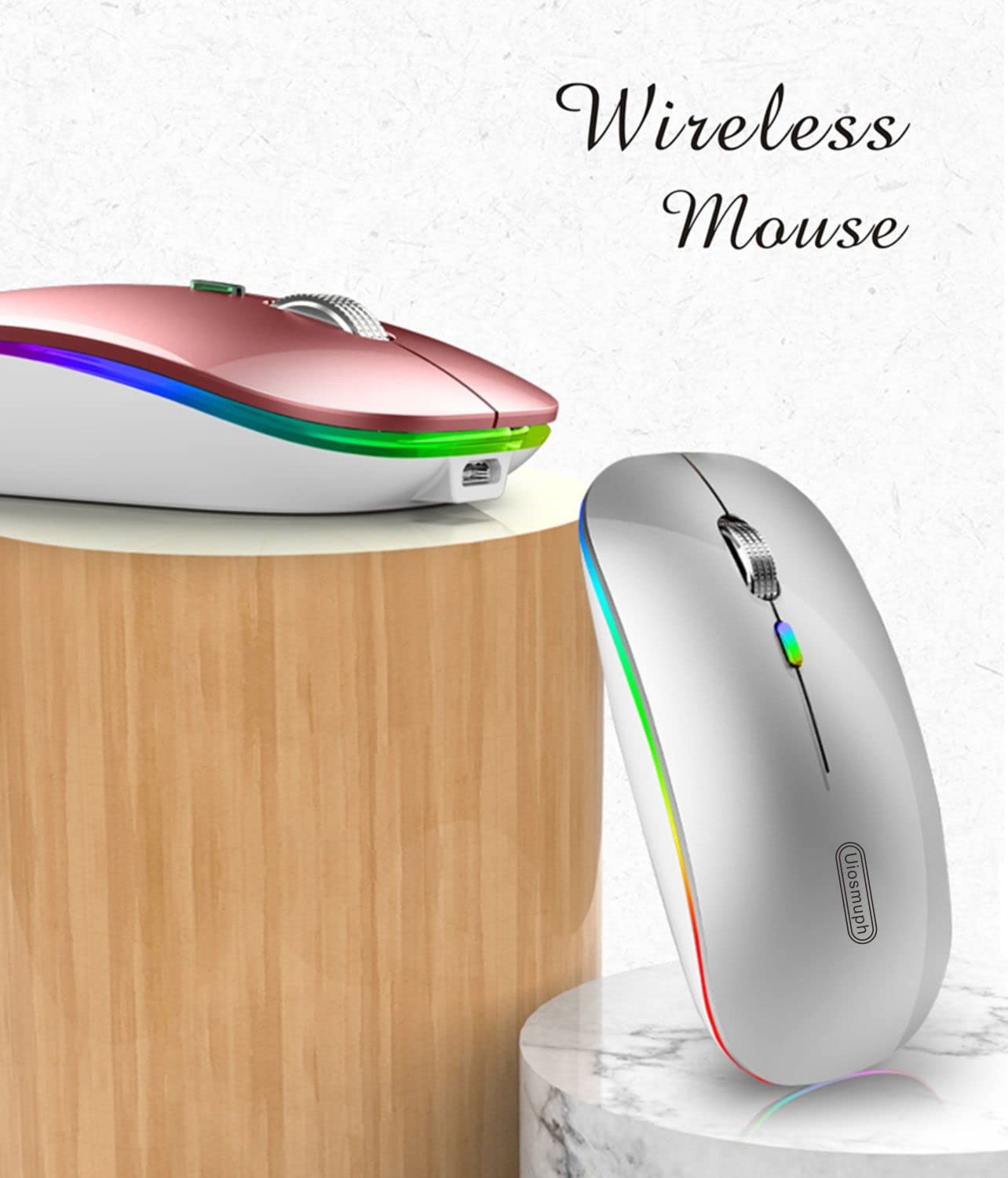 Uiosmuph LED Wireless Mouse, G12 Slim Rechargeable Silent 2.4G Portable Optical Wireless Computer Mice with USB Receiver and Type C Adapter (Rose Gold)