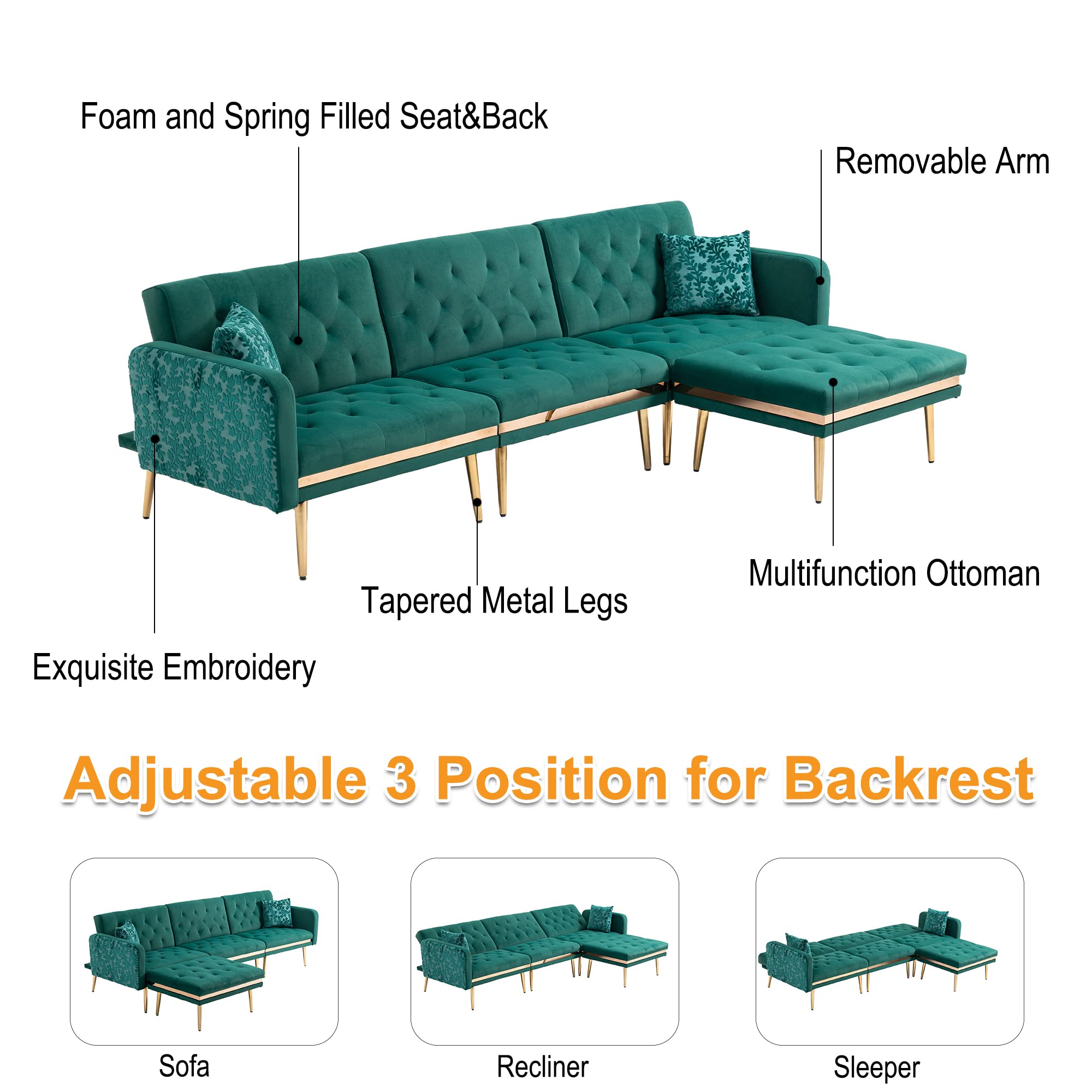 Pvillez Sectional Sofa Futon Sofa Bed Convertible Sleeper Sofa Couch w/Chaise Lounge,Ottoman L-Shape Convertible Couches for Living Room Button Tufted Back Velvet Couch w/Golden Legs