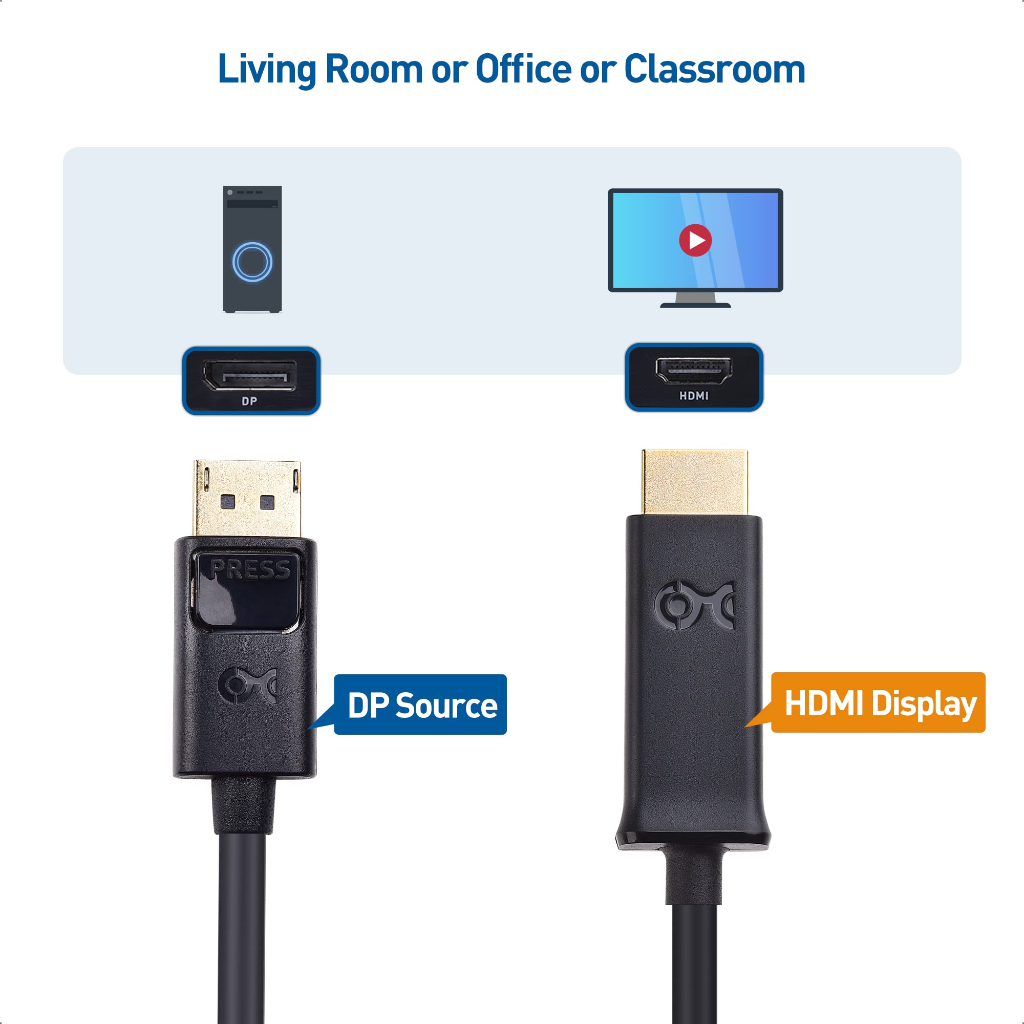 Cable Matters 2-Pack Unidirectional DisplayPort to HDMI Cable 6 ft, Gold-Plated DP to HDMI Cable, Display Port to HDMI Adapter Cable, 6 Feet