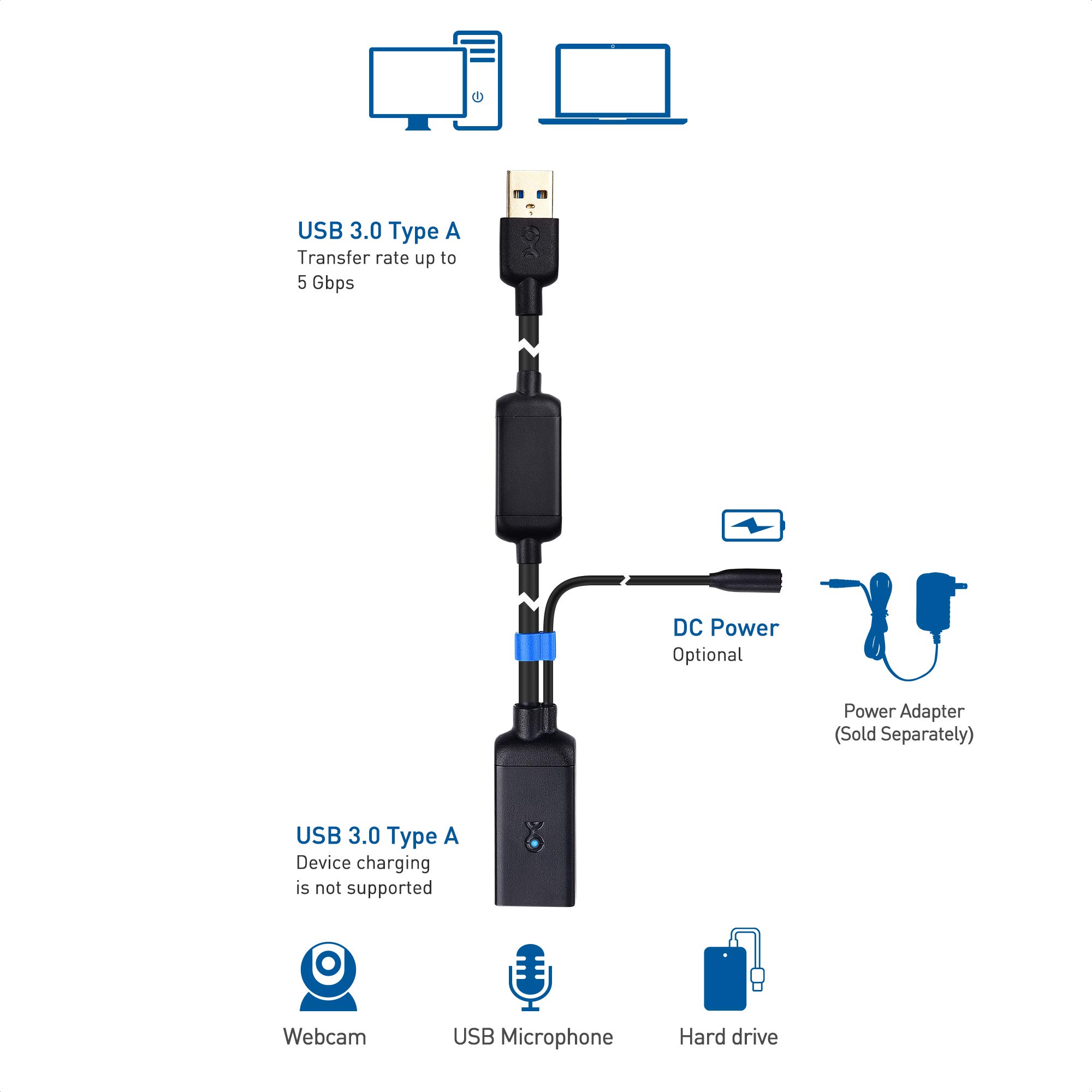 Cable Matters Active USB Extension Cable 32.8 ft / 10m (USB 3.0 Extension Cable Male to Female) with Signal Booster for Hard Drive, Webcam and More
