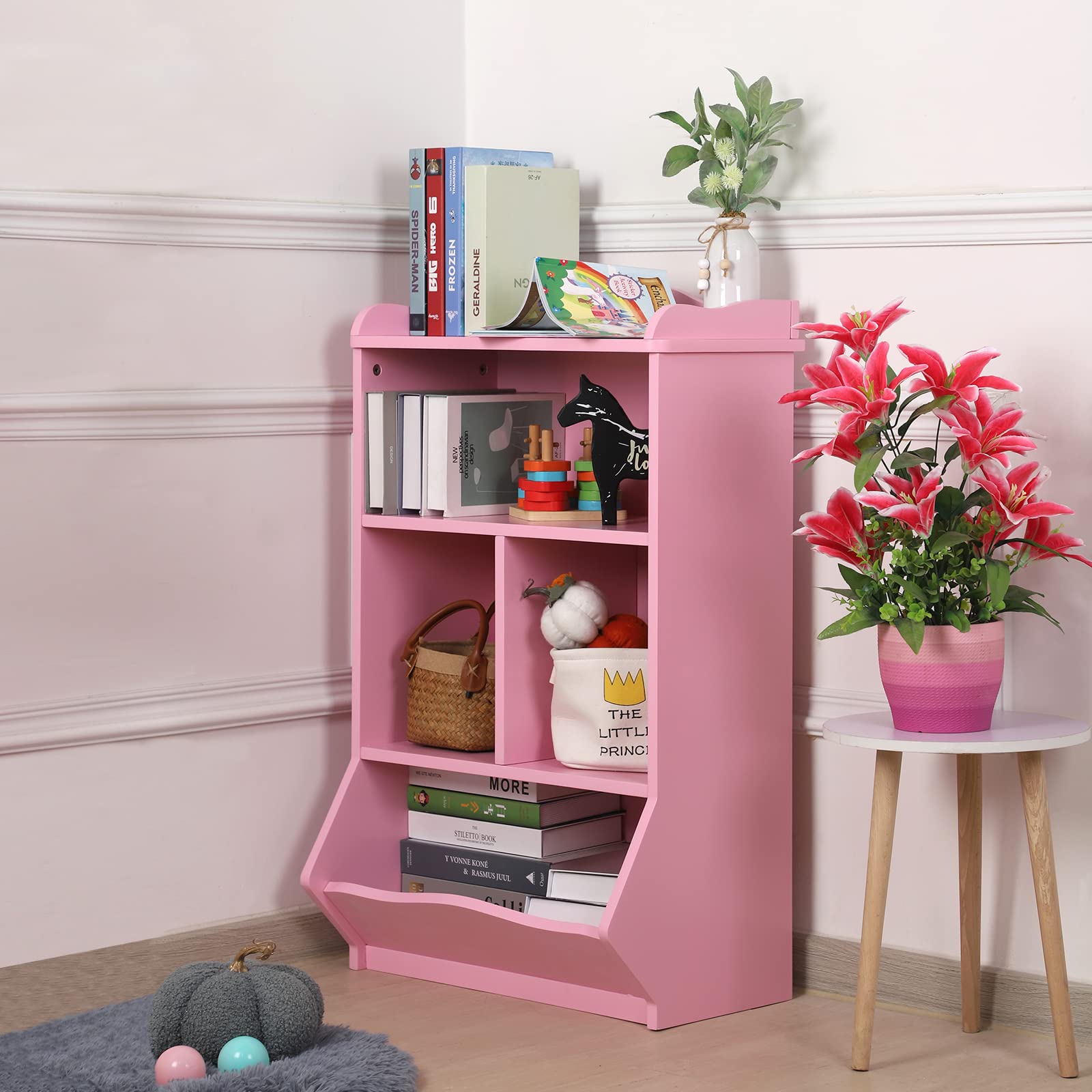 AFBKSS&BB Children Book Shelf, Kids Wood Shelf, Children Multi-Functional Bookcase, Wood Storage Cabinet and Toy Storage Bin (Pink)