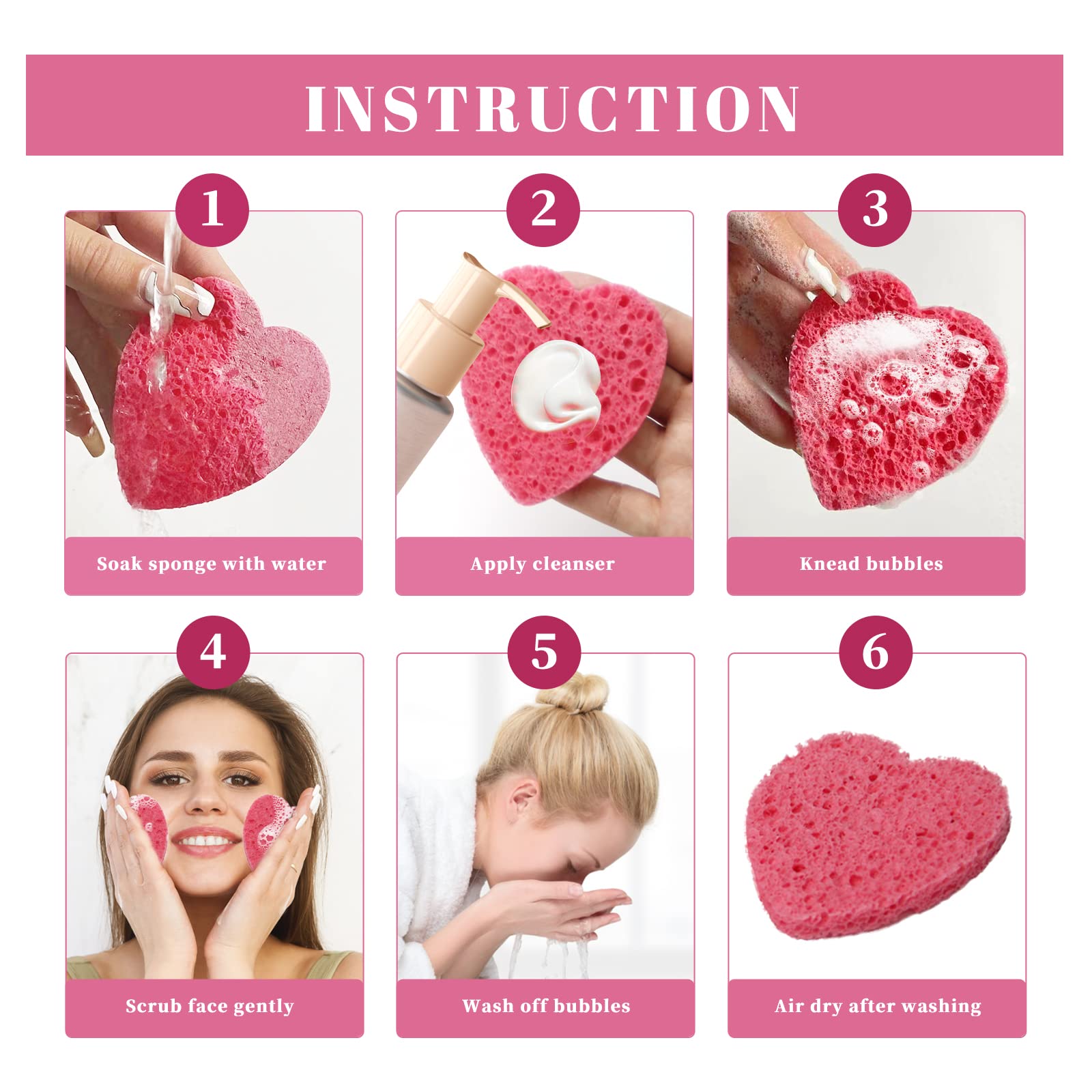 50-Count Compressed Facial Sponges Heart Shape,Reusable Natural Face Sponges Professional Cosmetic Spa Sponges for Face Cleansing, Massage, Pore Exfoliating, Mask, Makeup Removal (Heart, Pink)