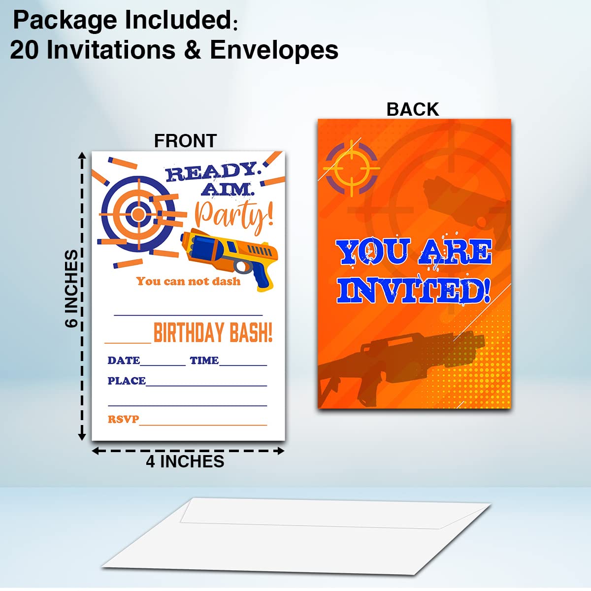 NYCTUG Blaster Gun Birthday Invitation(4" X 6"), Dart War Party Double-Sided Invites- 20 Invitations With Envelopes-Personalized Party Supplies-A26