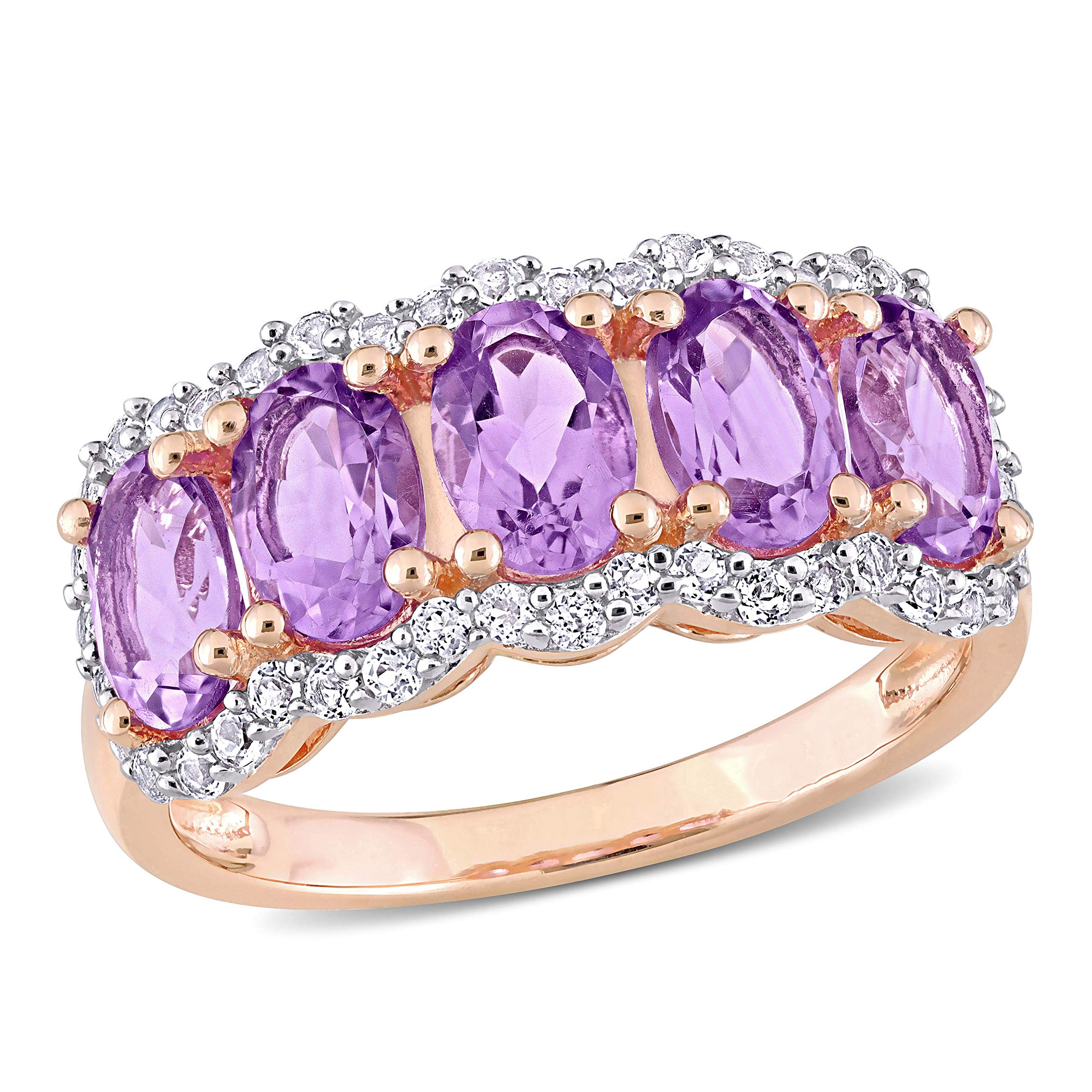 Abbie+Cleo Womens Oval Cut Purple Amethyst and White Topaz Gemstone Wide Band Ring in Rose Gold Flash Plated Sterling Silver, Size 5
