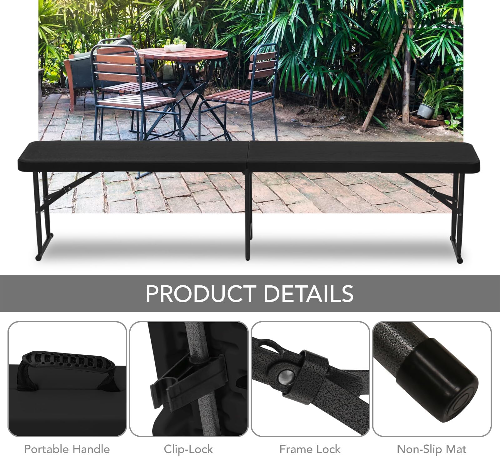 AJP Distributors 2 Pack 6 Foot Portable Plastic Folding Bench 6FT 72" Half Foldable Heavy Duty Seat w/Carry Handle - Indoor Outdoor Backyard Camping Picnic BBQ Party Wedding Dining Event Meeting Black