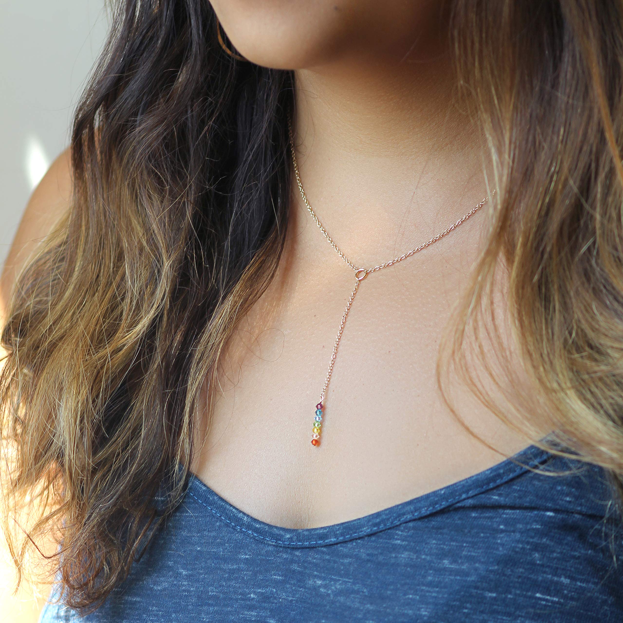 7 Chakra Healing Crystals Lariat Necklace, Handmade 14K Gold Filled Y-Necklace