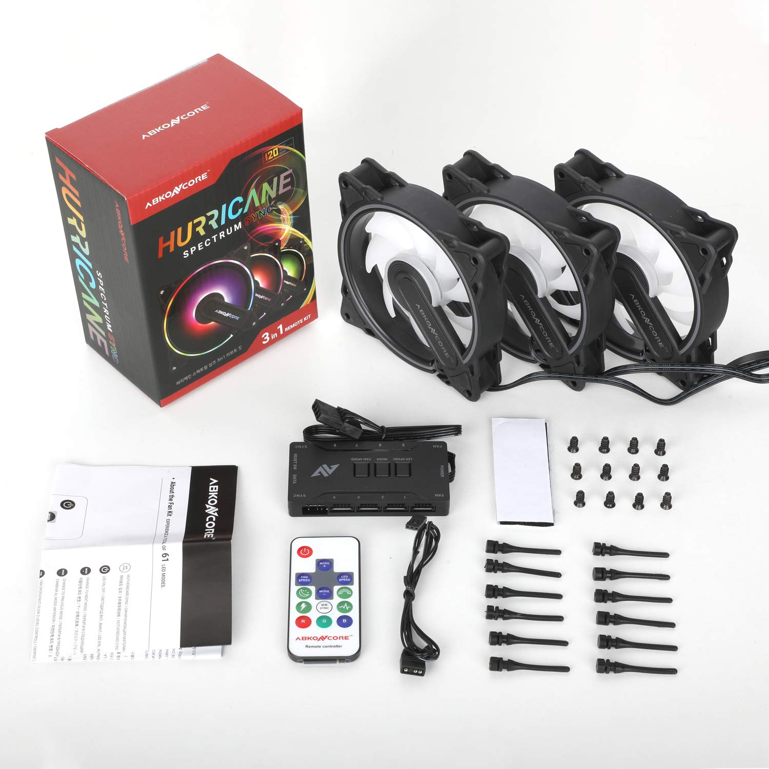 ABKONCORE HR120 RGB Fans, 3 Pack 120mm Computer Fans, 5V ARGB Motherboard SYNC/Remote Controller, Ajustable Fan Speed and Color, Hydro Bearing Case Fan with Fan Control Hub