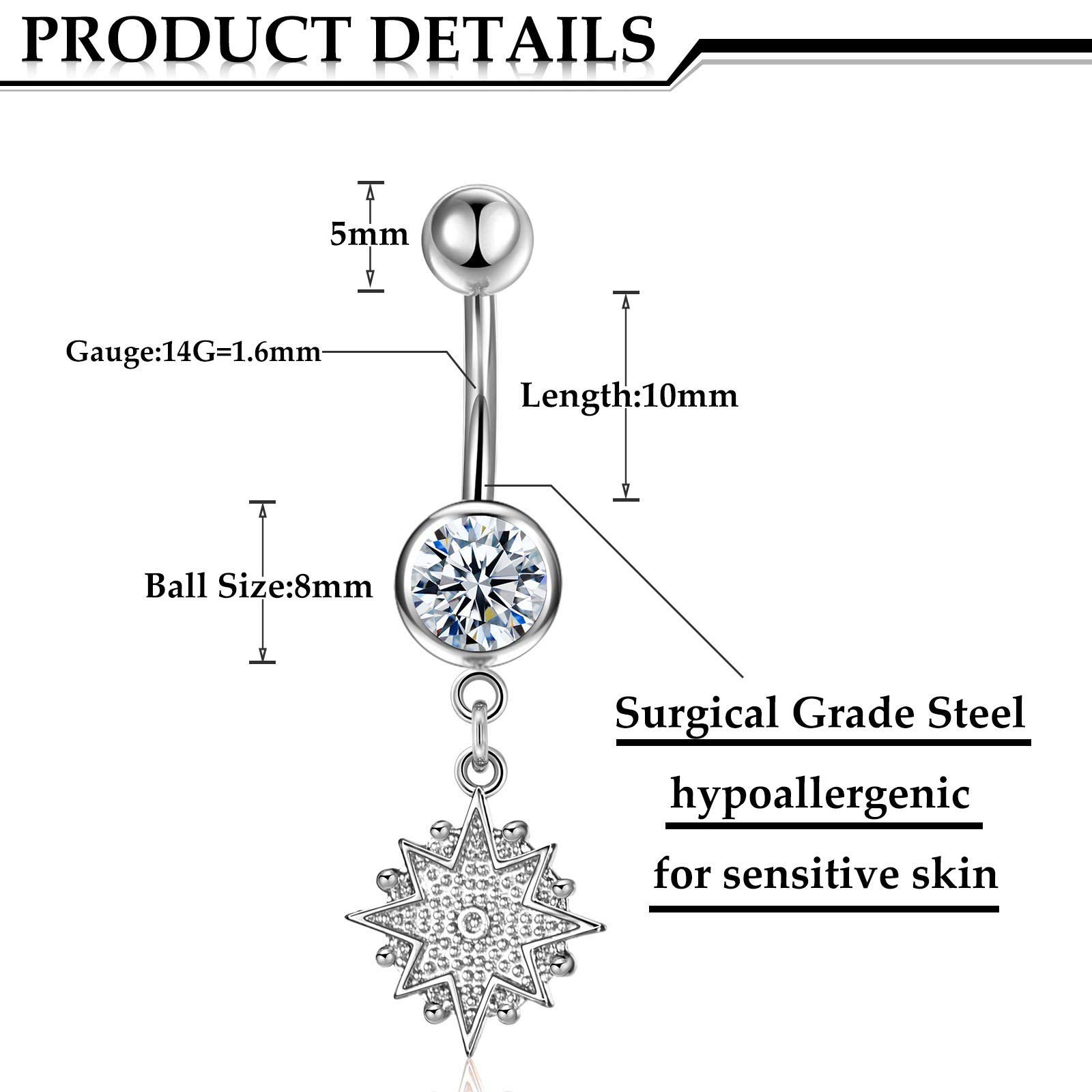 8 Pieces 14G Belly Button Rings Steel Long Dangle Navel Ring CZ Body Piercing Jewelry (Silver)