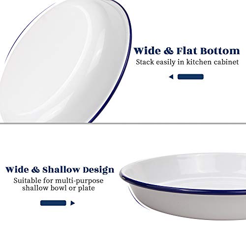 Webake 9.5 Inch Enamel Plates, 2 Pack Salad Pasta Bowls Enamelware Dinner Plates White Body with Blue Rim, Serving Trays for Dinner, Outdoor, Picnic, BBQ, Butter