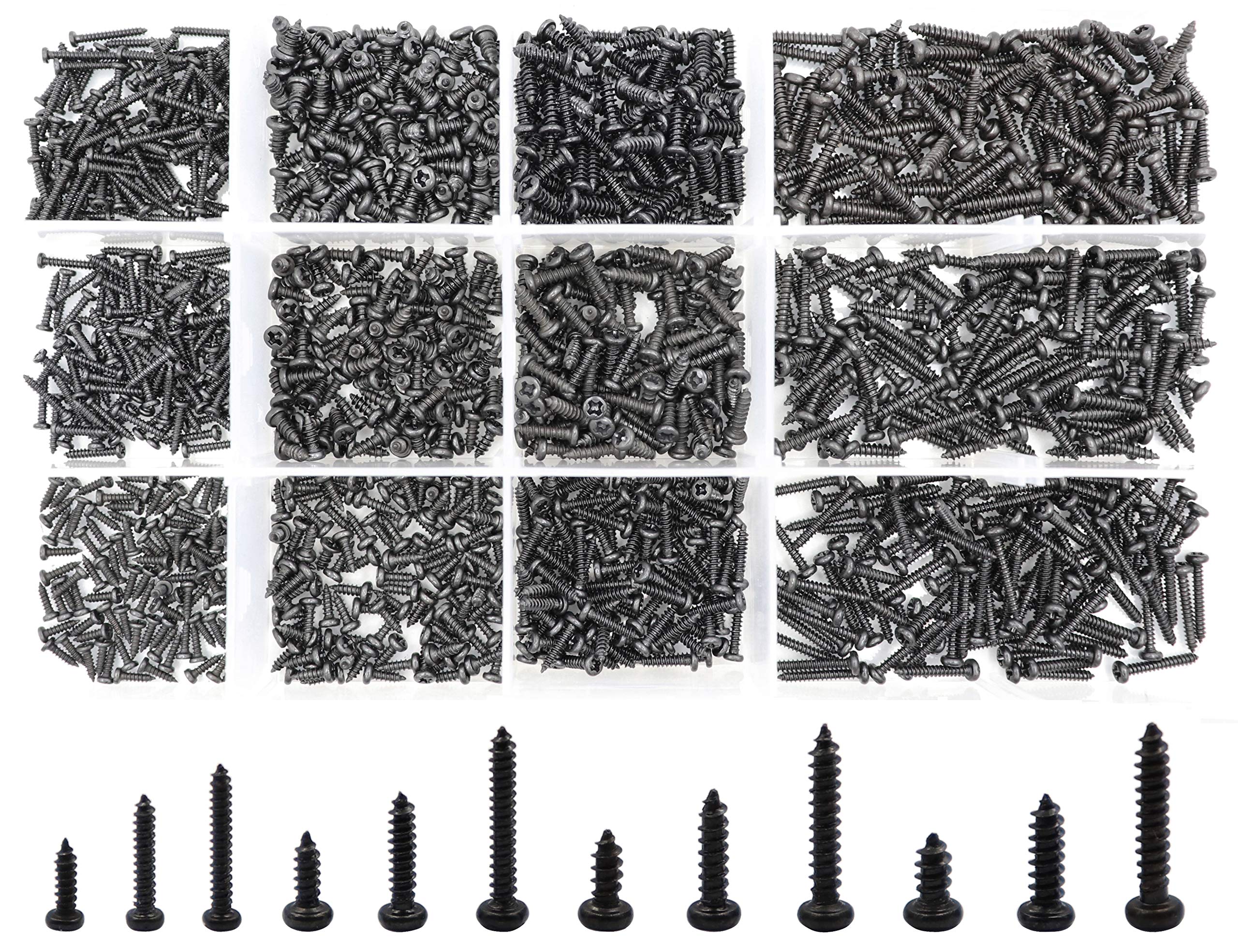 LBY 1000pcs M1.4 M1.7 M2 M2.3 Round Pan Head Self-Tapping Sheetmetal Screw Assortment Kit Round Head Self-Tapping Electronic Mini Wood Screws 10 Sizes Combination Metal Black