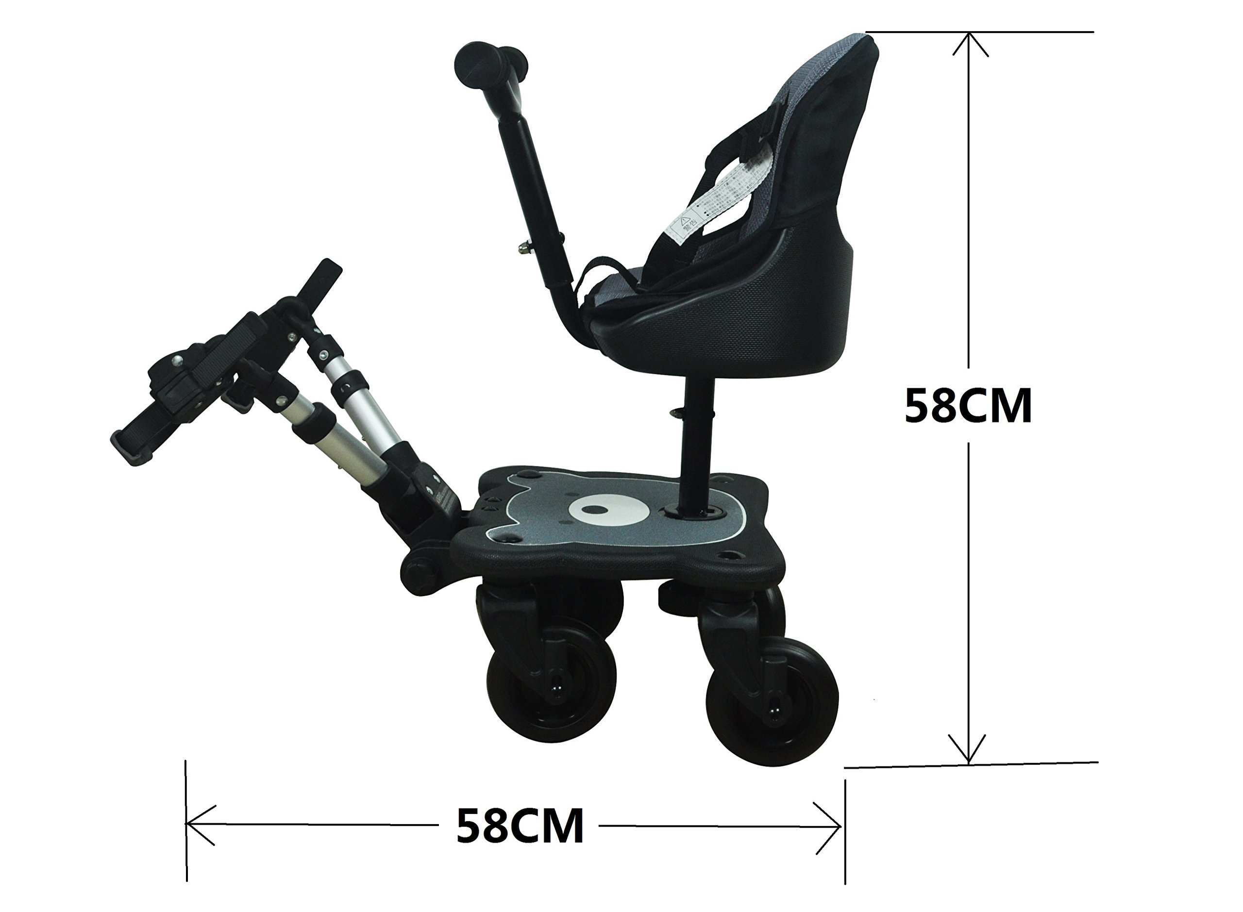 Englacha 2-in-1 Cozy 4-Wheel Rider, Black - Child Rider Stroller Attachment with Saddle Seat and Standing Platform - Universal Fit for Most Prams - Quick and Easy to Use - Designed for Safety