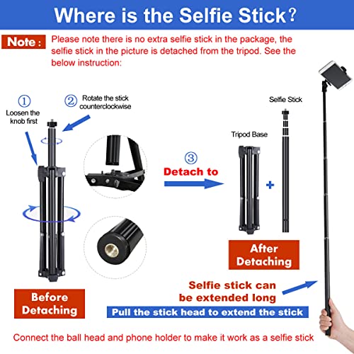 Selfie Stick Tripod, 62 inch Extendable Detachable Selfie Stick Tripod Stand with Remote for iPhone 14 13 12 Pro MAX Samsung Galaxy S23 S22 S21 Ultra