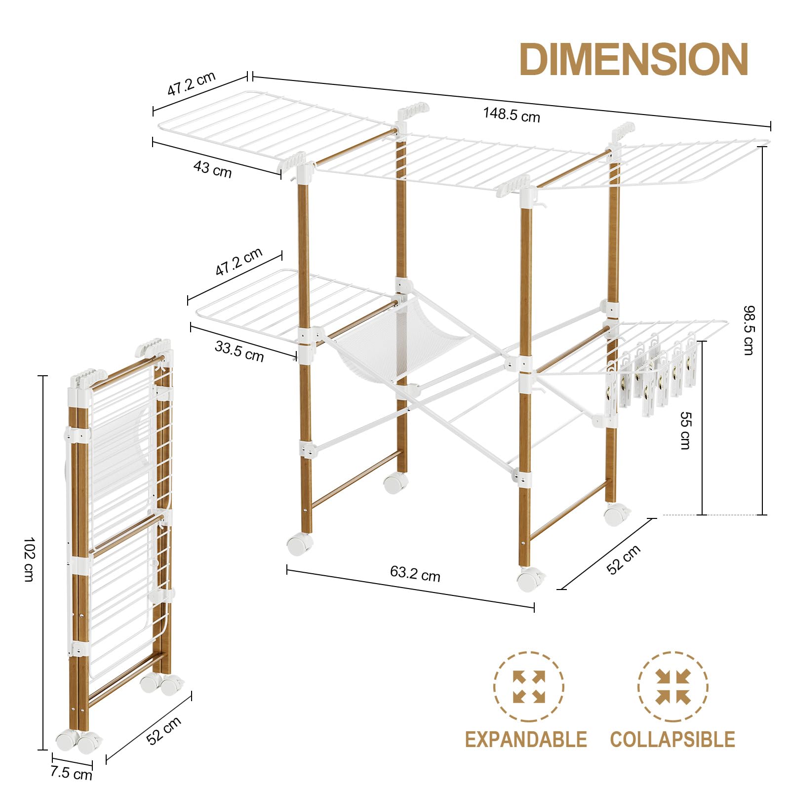 APEXCHASER Collapsible Drying Racks for Laundry, Metal Drying Rack Clothing with Wheels, Foldable 4-Wings Drying Rack for Home, Balcony, Apartments, Wooden Look
