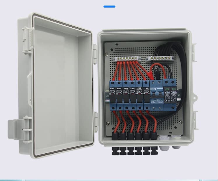 6 String Combiner Box for Solar Panel System, Solar Combiner Box with Lightning Arrest 63A Circuit Breaker 15A Rated Current Fuse IP66 Waterproof
