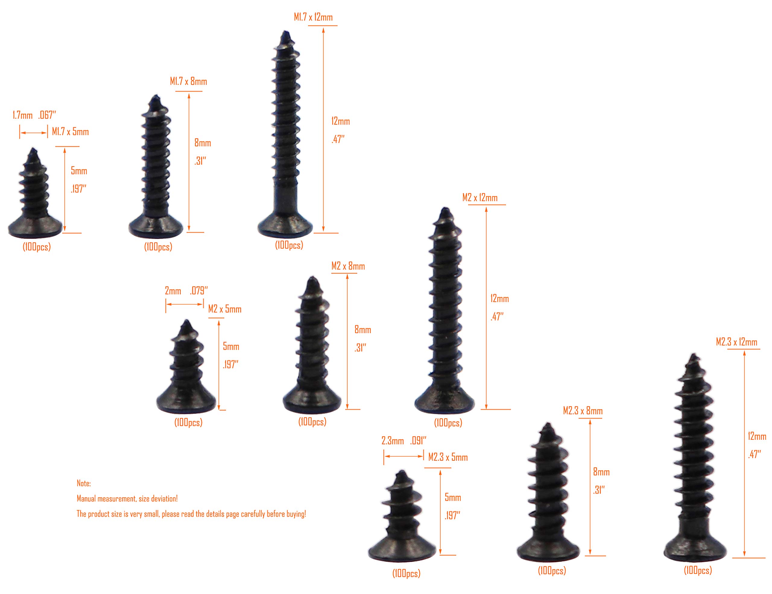 LBY 900pcs M1.7 M2 M2.3 x 5mm / 8mm/ 12mm Flat Head Self-Tapping Sheetmetal Screw Assortment Kit Mini Wood Screws 9 Sizes Combination Carbon Steel Black