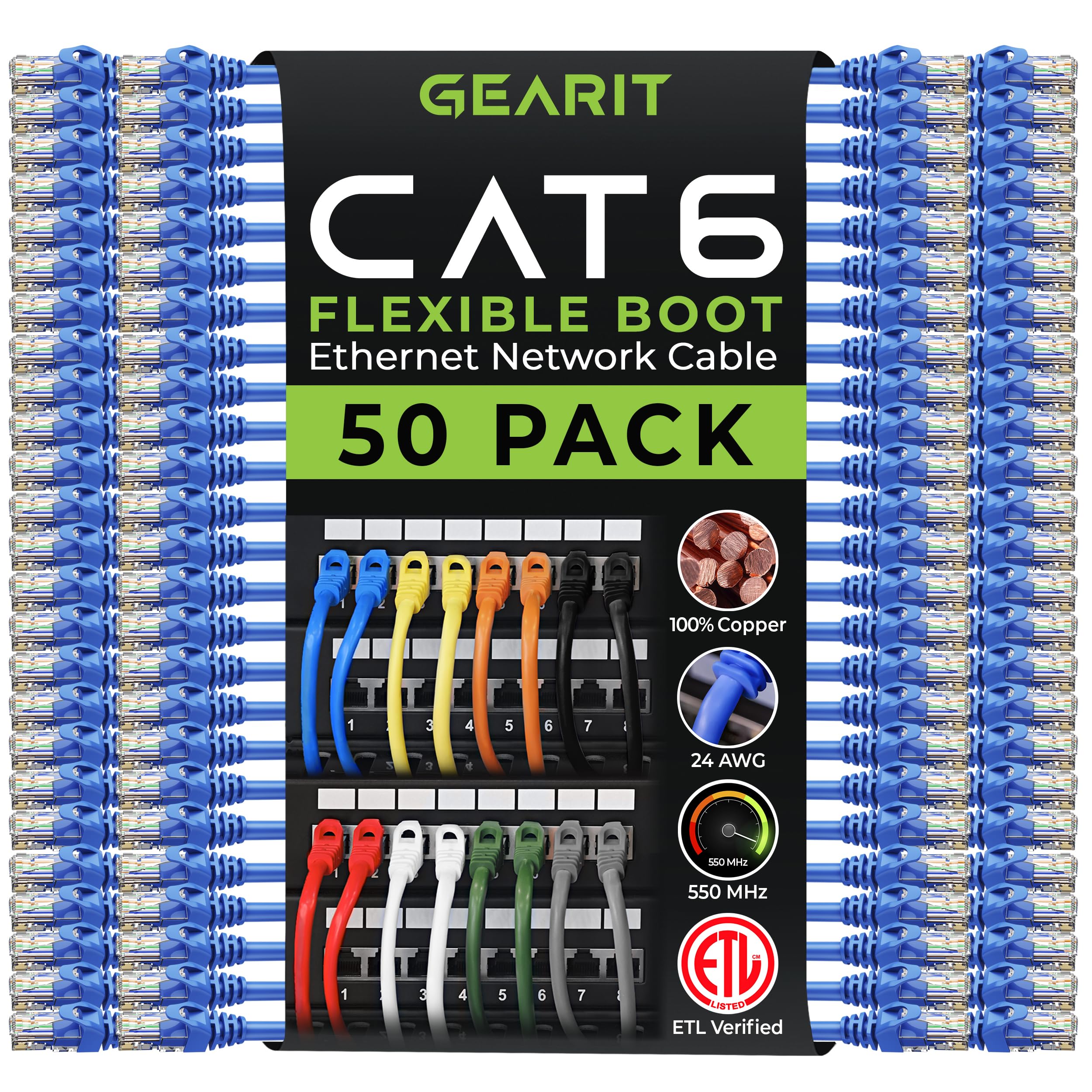 GearIT 50-Pack Cat6 Patch Cable 0.5 Foot / 6 Inches Cat 6 Ethernet Cable Snagless Flexible Soft Tab - Preimum Series - Blue