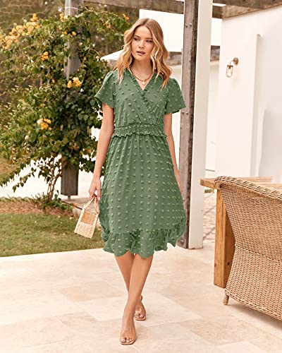 BTFBM Elegant Short Sleeve V Neck Swiss Dot Midi Summer Dresses for Women 2023 Boho Ruffle Long Dresses Ruffle Cocktail Dress(Solid Green,X-Large
