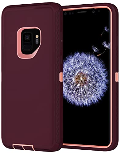 Annymall for Samsung Galaxy S9 Case with Screen Protector, Full Body Heavy Duty Shockproof Drop-Proof Phone Case Rugged Triple-Layer Defender Protective Cover for Samsung Galaxy S9 (Wine/Pink)