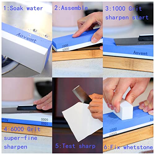 Aovemt Knife Sharpening Stone, Premium Knife Sharpening Kit, 2 Side Grit 1000/6000 Whetstone, Wet Stone, Nonslip Base, Angle Guide and Flattening Stone