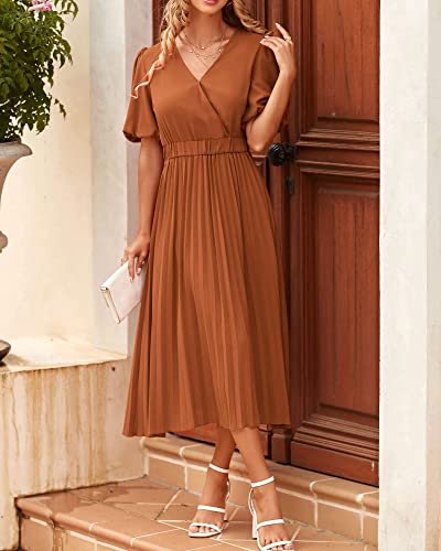 BTFBM Women Casual Dresses 2023 Summer Boho Wrap V Neck Puff Short Sleeve Beach Party Flowy Pleated A-Line Maxi Dress(Solid Brick Red, Large)