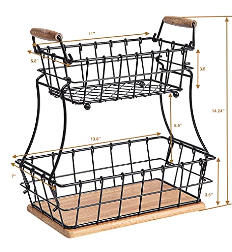 SunnyPoint 2-Tier Rectangle Countertop Fruit, Bread Wire Basket (Black, Metal + Wood base)