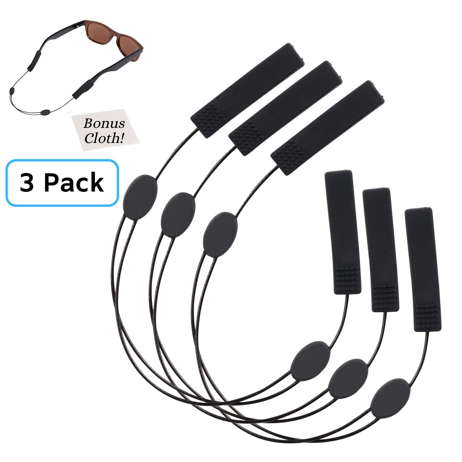 Adjustable Eyeglass Strap (3 Pack) - No Tail Sunglass Strap - Eyewear String Holder - With Bonus Glasses Cleaning Cloth - 3 Pack