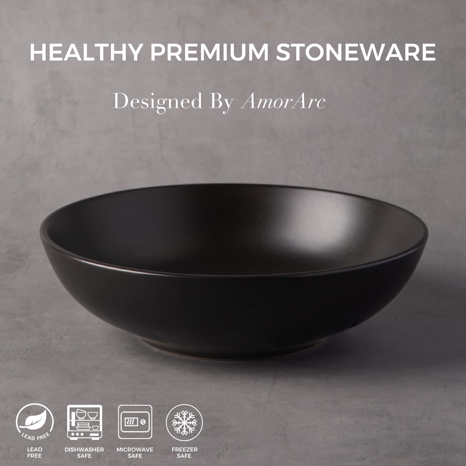 AmorArc 8.75‘’ Large Pasta Bowls, 42 ounce Deep Stoneware Bowls Set of 4 for Kitchen, Wide Bowls for Pasta/Salad/Fruit/Oatmeal/Soup, Microwave&Dishwasher Safe-Matte Black