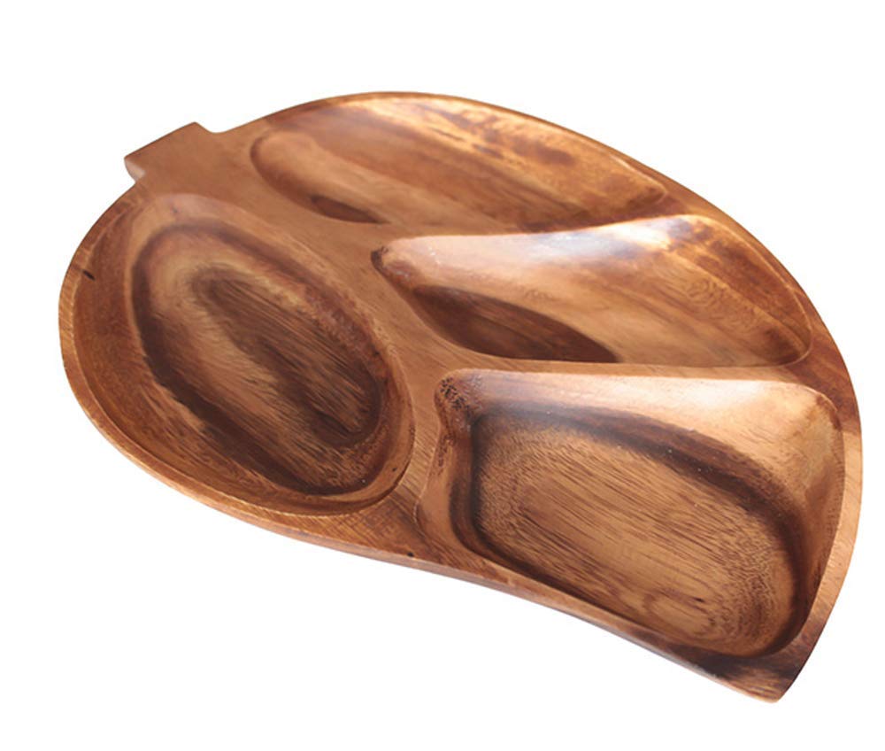 Acacia Premium Leaf Shaped Wooden 4-Compartment Divided Wood Accent-Plates Divided Dessert Dish Serving Trays Platters 4 Section