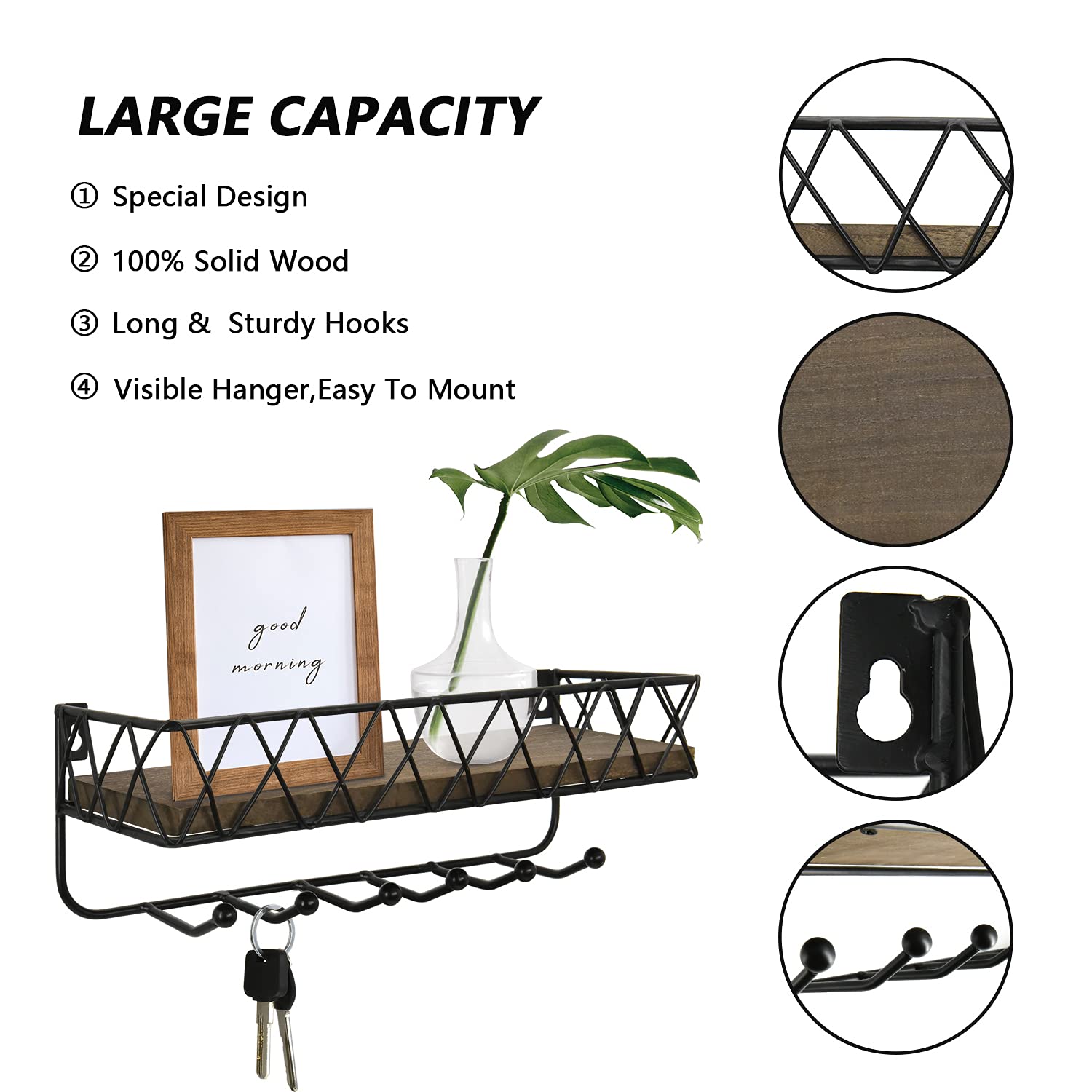 ANRXNCY Decorative Key and Mail Holder for Wall, Wall Mounted Entryway Floating Shelf with 5 Key Hooks, Decorative Metal Wire Mesh Key Holder with Shelf for Wall, Entryway, Bathroom, Office