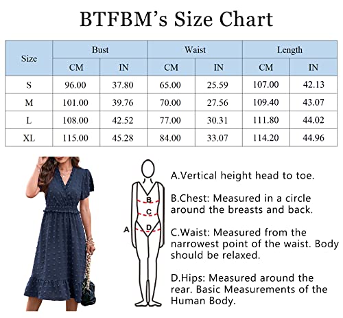 BTFBM Women's Summer Elegant Short Sleeve V Neck Swiss Dot Midi Dresses Cute Boho High Waist Long Dresses A-Line Ruffle Dress(Solid Navy,Large