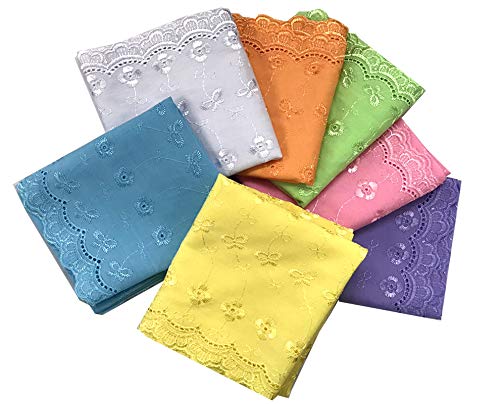 AMORNPHAN Set of Daisy Floral Flower Embroidered Eyelet Lace 100% Cotton Quilting Fabric for Patchwork Needlework DIY Handmade Sewing Crafting Decor Face mask Precut 18x22 Inches (Set of 7 Pieces)