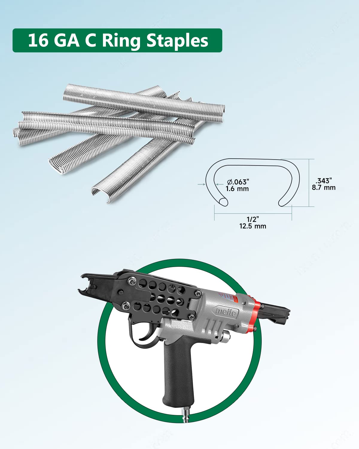 meite SC760 16 Gauge 1/2-Inch Crown 304 Stainless Steel C Ring Staples for SC760C/SC760C-I2 C Ring Tools Closing Diameter of 3.2-4.8mm 4,500 PCS/Small Pack (1 Small Pack)