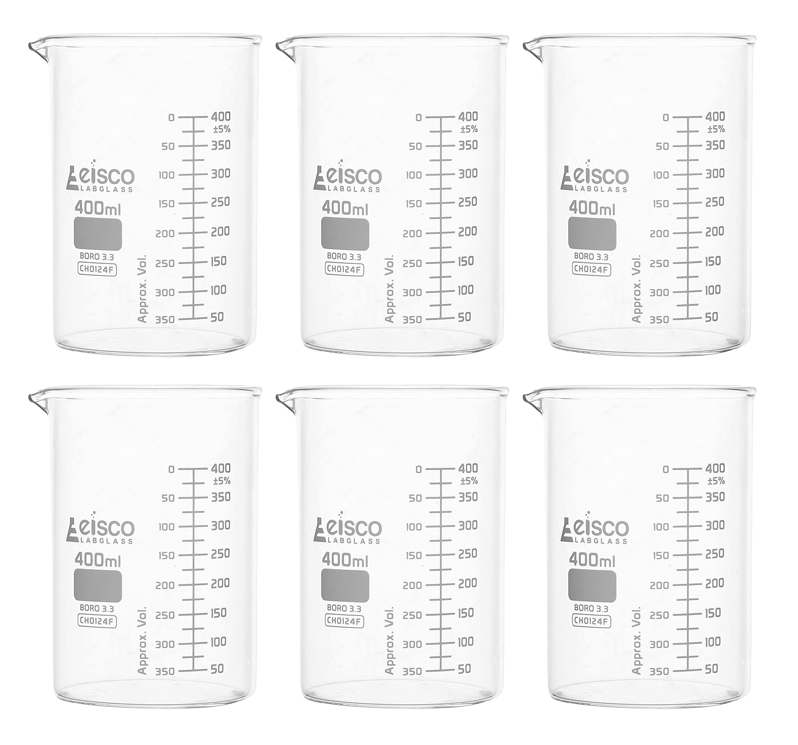 EISCO 6PK Beakers, 400ml - ASTM - Low Form with Spout - Dual Scale, White Graduations - Borosilicate 3.3 Glass Labs