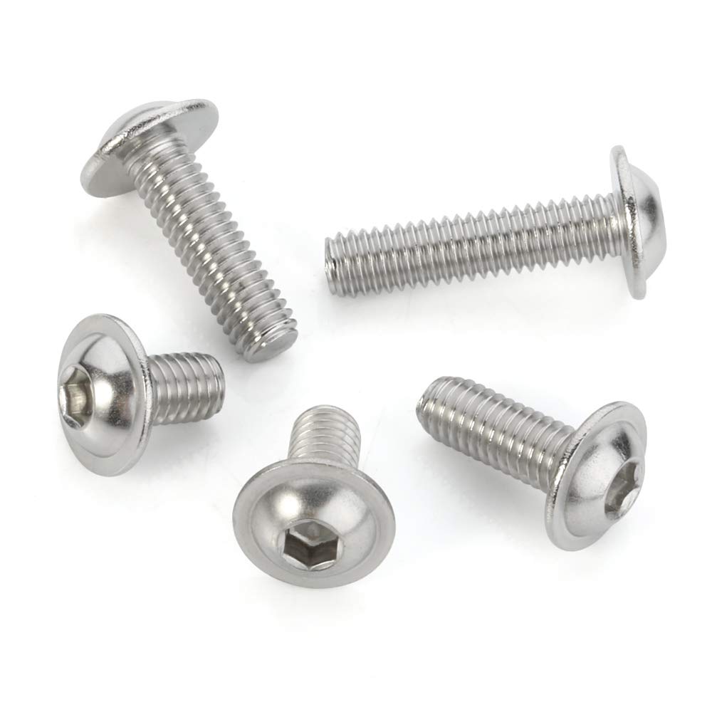 M6 x 10mm 12mm 16mm 20mm 25mm Flanged Button Head Socket Cap Screws, 304 Stainless Steel 18-8, Bright Finish, Fully Threaded, 50 PCS