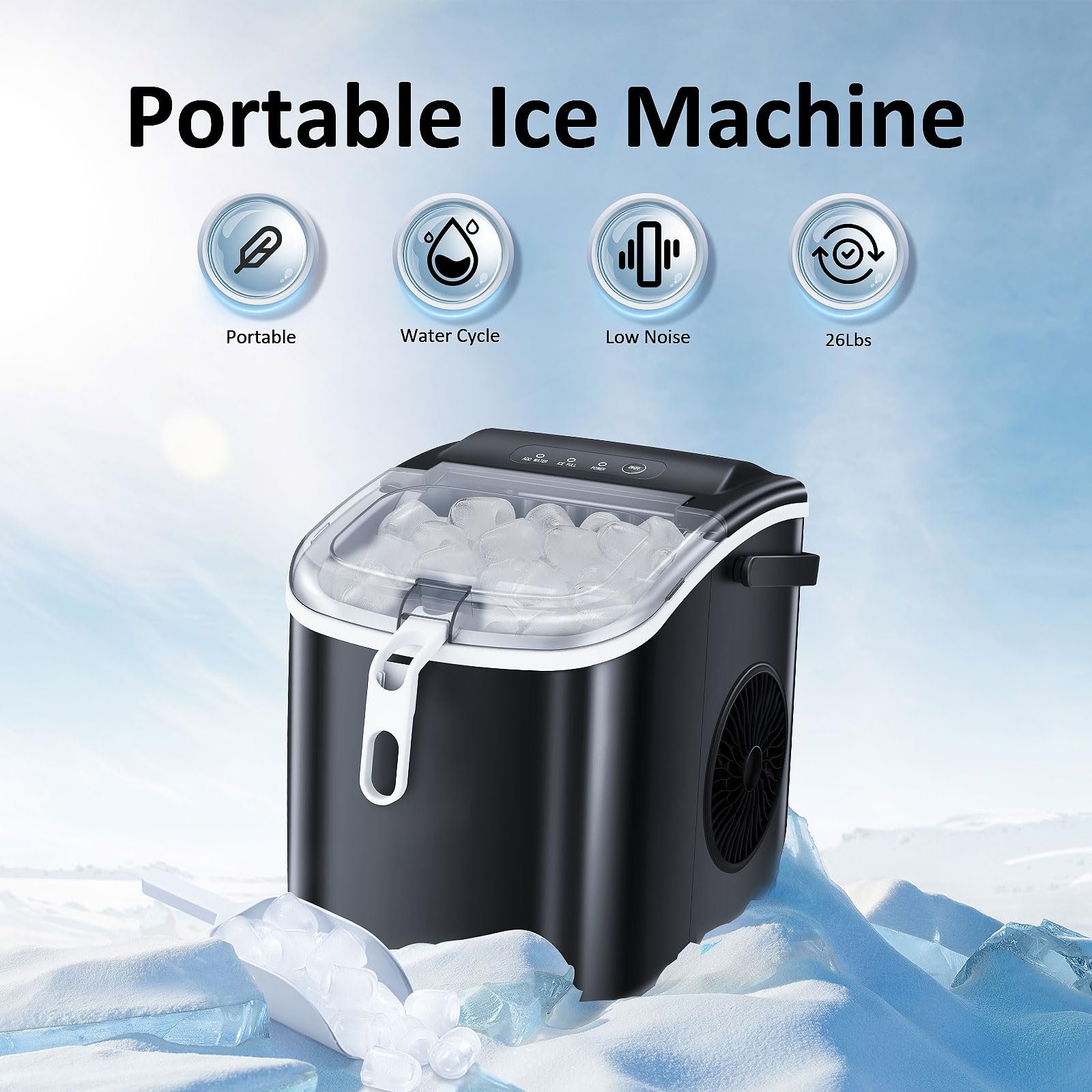 Antarctic Star Countertop Ice Maker Portable Ice Machine, Basket Handle,Self-Cleaning Ice Makers, 26Lbs/24H, 9 Ice Cubes Ready in 6 Mins, S/L ice, for Home Kitchen Bar Party (Black)