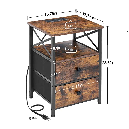 AMHANCIBLE End Table Living Room with Charging Station, Side Table with Fabric Drawer, Small Side Table with USB Ports and Outlets for Small Spaces Rustic Brown and Black HET05XBR1