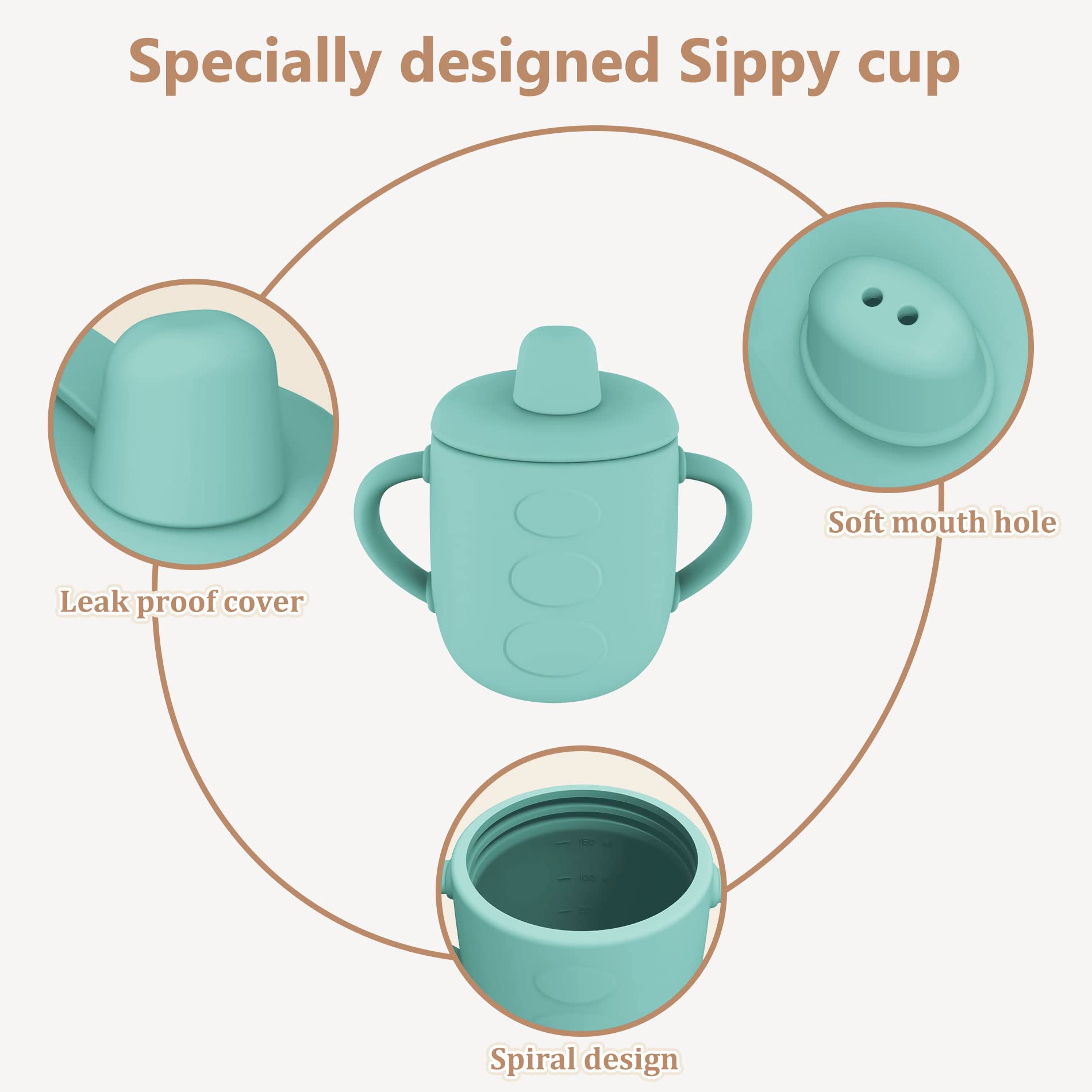 Adocham 100% Silicone Sippy Cups for Baby,Food Grade Toddler Infant Straw Cup Spill Proof With 2 Handles,BPA Free,6 Months+,5OZ(DarkGreen)