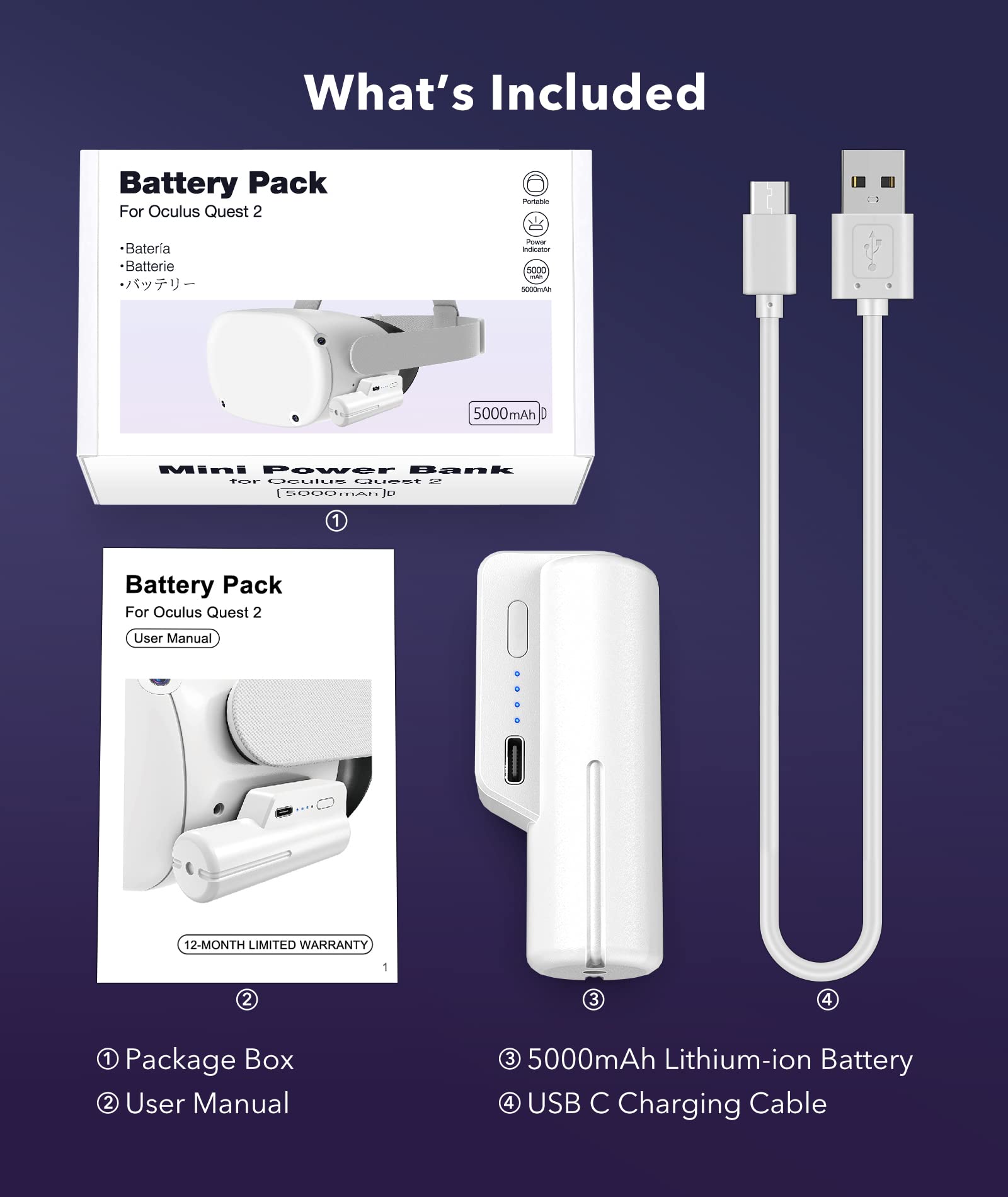 5000mah Battery Pack Power Bank for Oculus Quest 2 and Elite Head Strap, Lightweight Portable VR Power Charger Battery Extender Rechargeable Meta Accessories for 3 Hours Extended Playtime