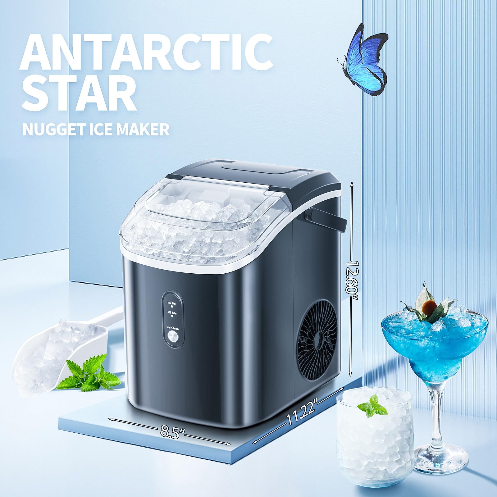 Nugget Countertop Ice Maker with Soft Chewable Pellet Ice, 34lbs/24H,Pebble Portable Ice Machine with Ice Scoop and Handle, Self-Cleaning, One-Click Operation, for Kitchen,Office Black