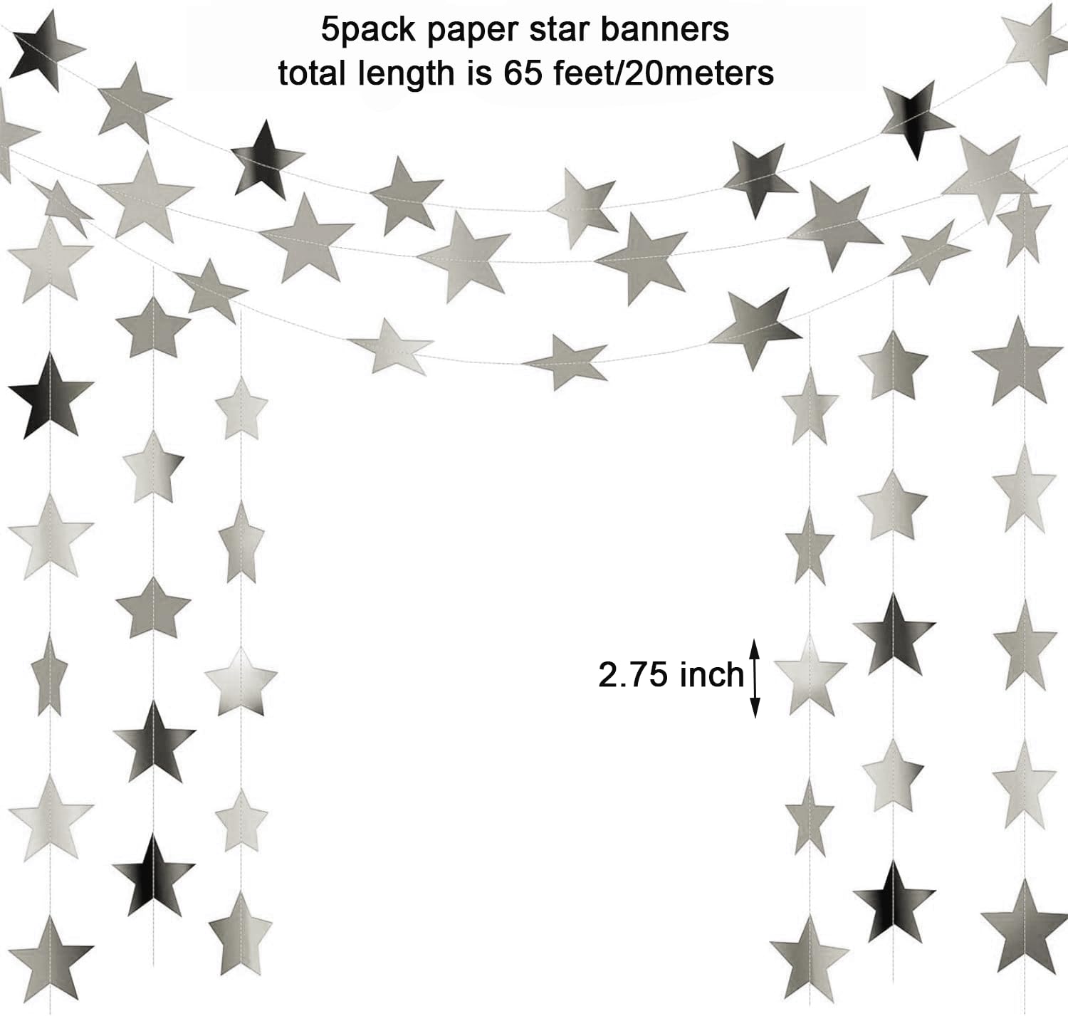AimtoHome Glitter Star Garland Banner Decorations - Silver Bright Star Hanging Bunting Banner Backdrop for Graduation Wedding New Year Christmas Birthday Party Decor (66 Feet)