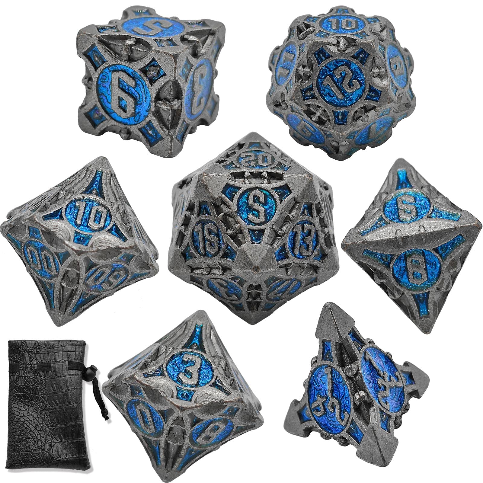 AHDKEJG Metal DND Dice Set of 7 Dungeons and Dragons D&D RPG MTG Polyhedral Figit Dice Table Games D20 Pathfinder Card Accessories Gift Black Leather Bag-Silver Green