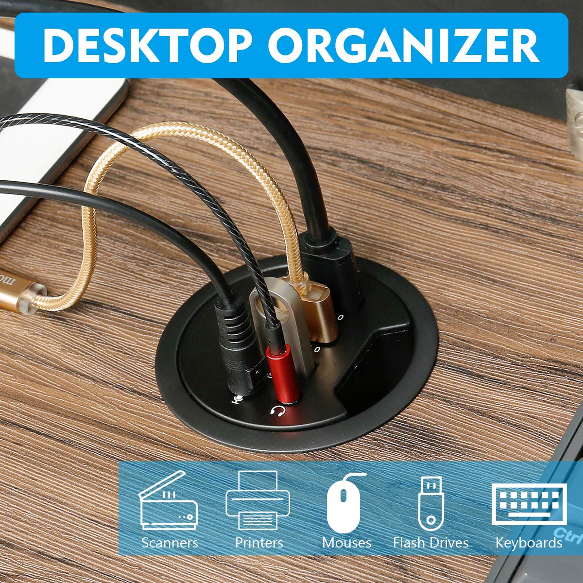 WDX Grommet Hole in Desk USB 3.0 3 Port Hub BC 1.2 USB Charger with 3.5mm Sound Card Mic Phone Jack, 5V/2A Power Adapter for iPhone/Smart Phones(AC Power Supply Included)