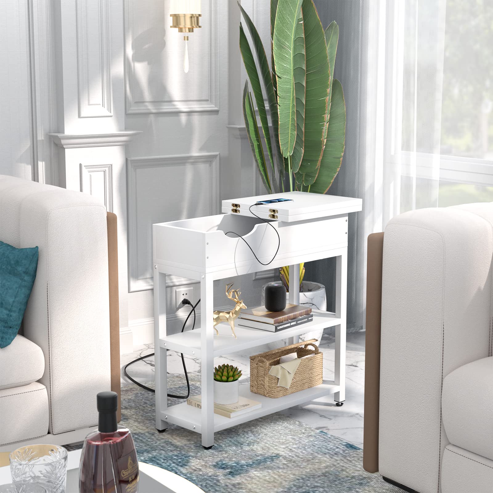 Aheaplus Sofa Side Table with USB Ports and Outlets, Narrow End Table Set of 2 with Charging Station, Bedside Nightstand with Storage Shelves, Slim Side Table，White
