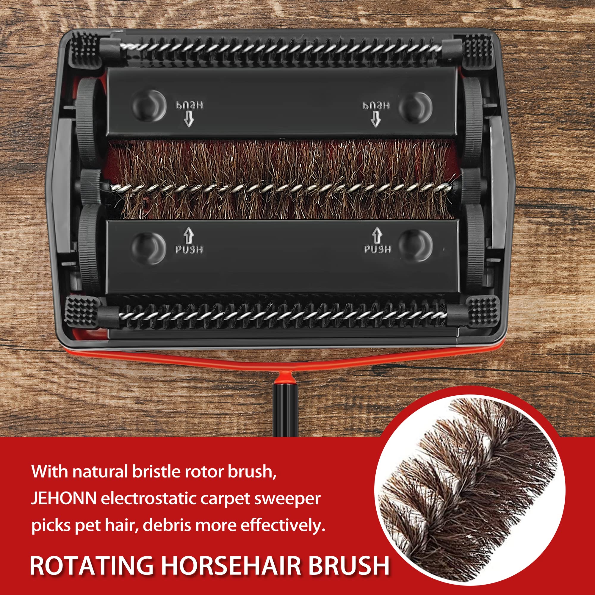 JEHONN Carpet Floor Sweeper Manual with Horsehair, Dust Mop for Floor Cleaning with 2 Washable Microfiber Pads