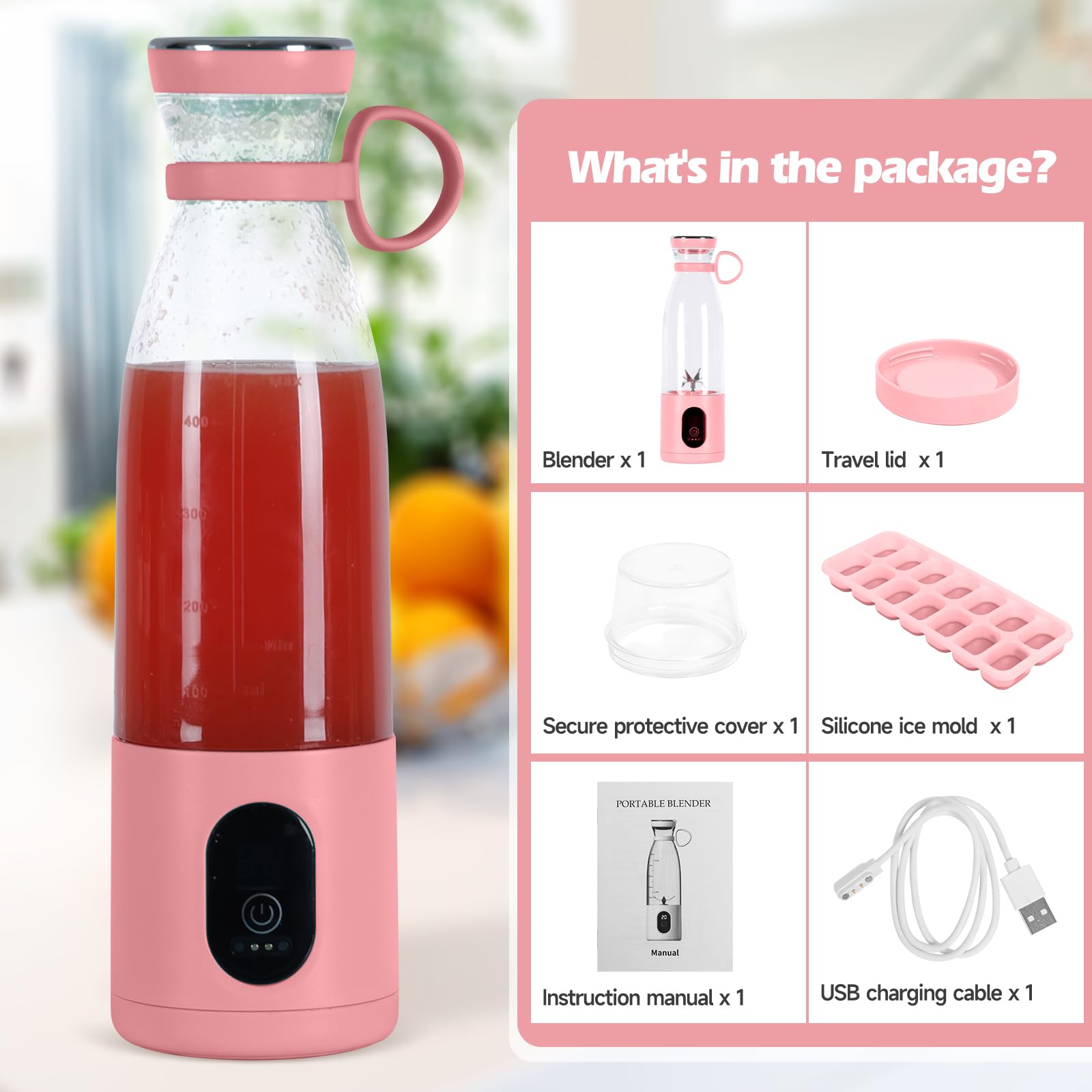 500ml Portable Blender with Protective cover,High power Mini Cordless Travel Blender for Shakes and Smoothies,Ice, Juice,Fruits (pink)